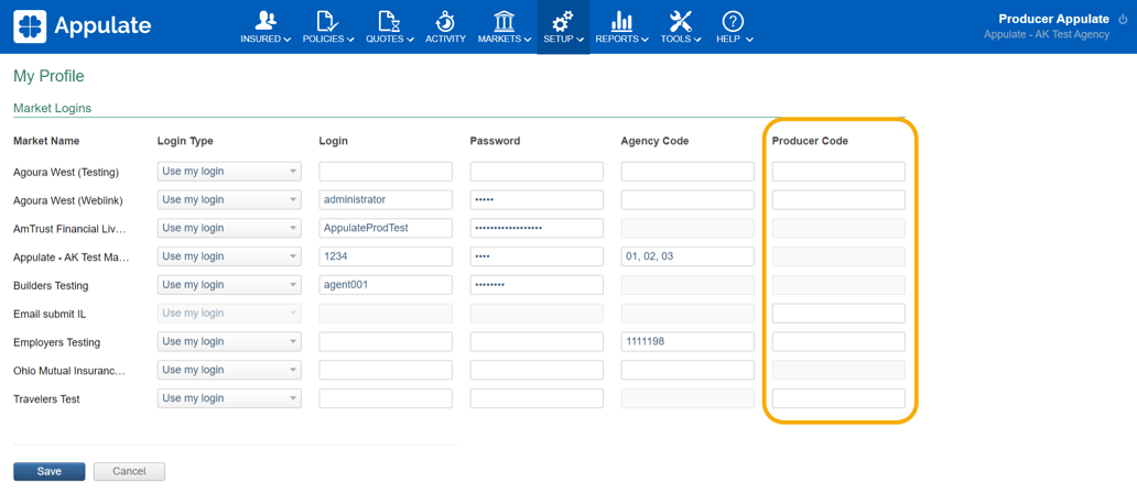 Agency and Producer codes