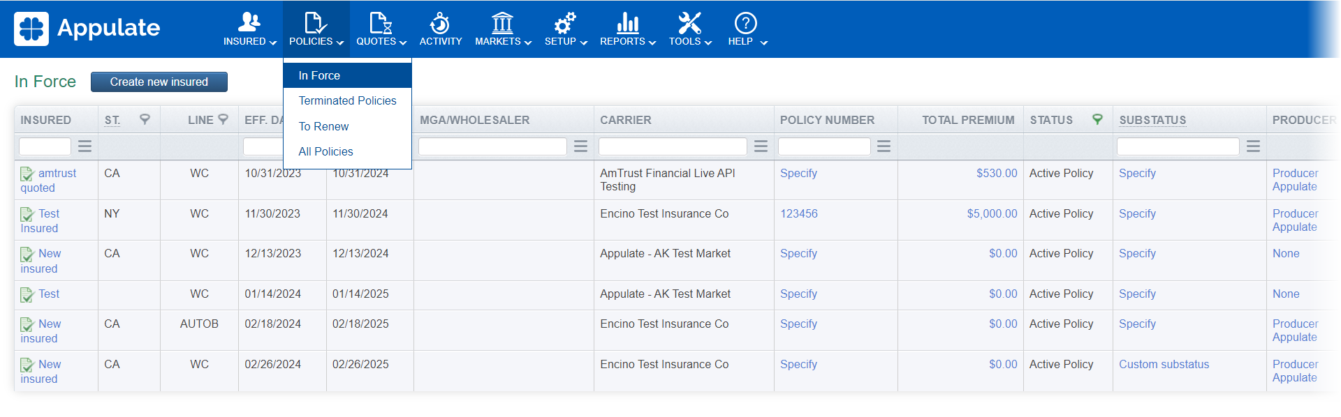 Policies menu pages