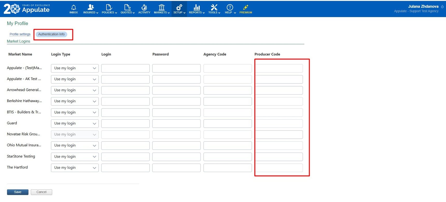 Agency and Producer codes